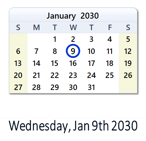 January 9, 2030 Calendar with Holidays and Count Down - CAN