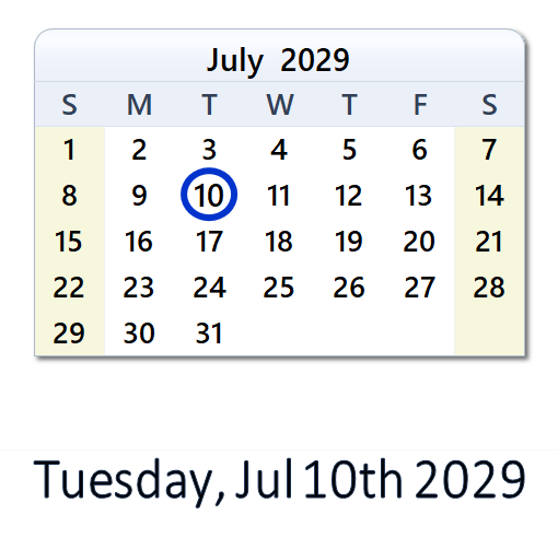 July 10, 2029 Calendar with Holidays & Count Down - USA