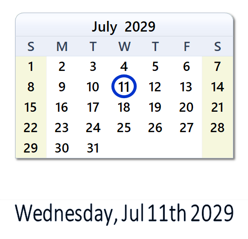 July 11, 2029 Calendar with Holidays and Count Down - CAN