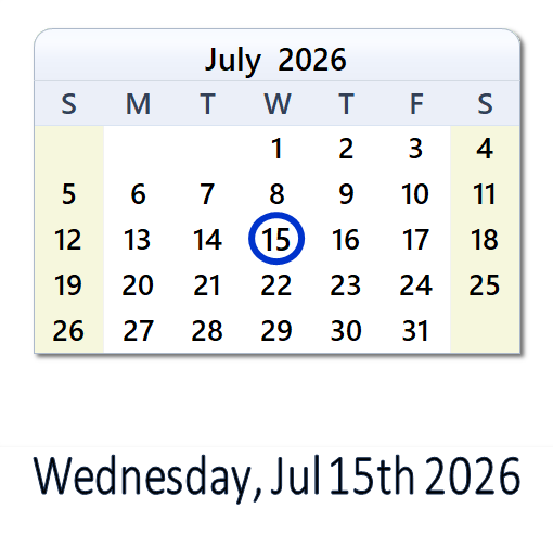 July 15, 2026 Calendar with Holidays & Count Down - USA