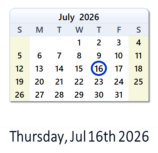 July 16, 2026 Calendar with Holidays & Count Down - USA