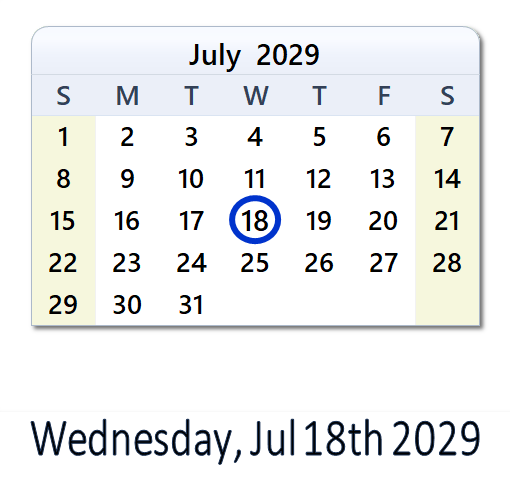 July 18, 2029 Calendar with Holidays and Count Down - CAN