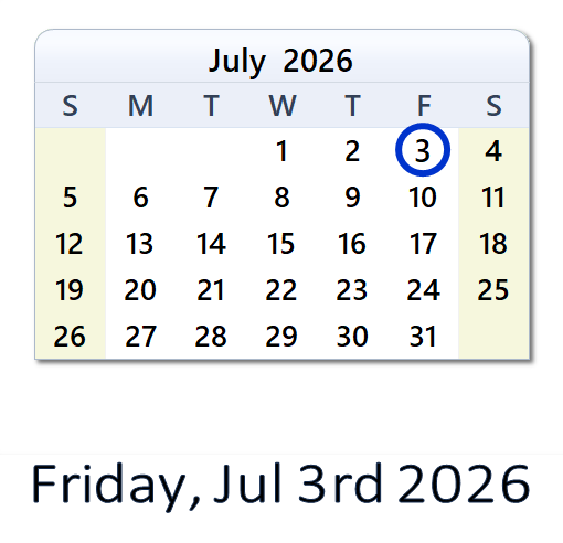 July 3, 2026 Calendar with Holidays & Count Down - USA