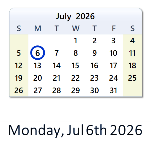 July 6, 2026 Calendar with Holidays & Count Down - USA