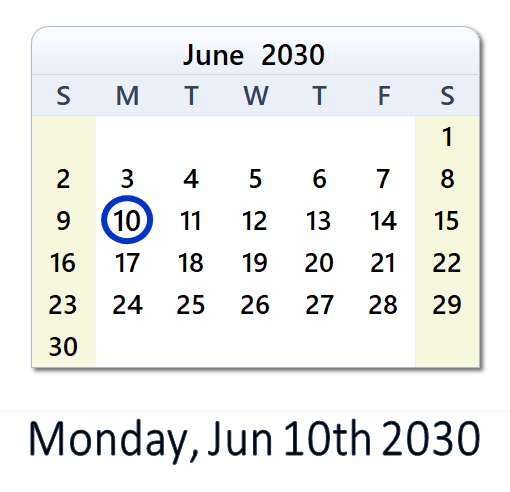 10 June 2030 Calendar with Holidays and Count Down - ZAF