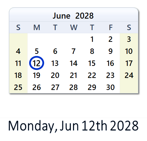 June 12, 2028 Calendar with Holidays & Count Down - USA