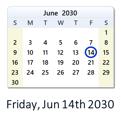 June 14, 2030 Calendar with Holidays and Count Down - CAN
