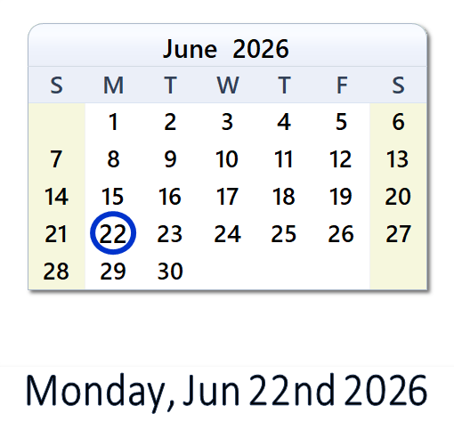 June 22, 2026 Calendar with Holidays & Count Down - USA