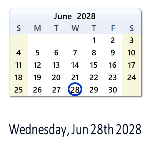 June 28, 2028 Calendar with Holidays and Count Down - CAN