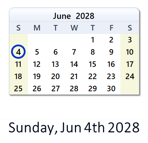 June 4, 2028 Calendar with Holidays & Count Down - USA
