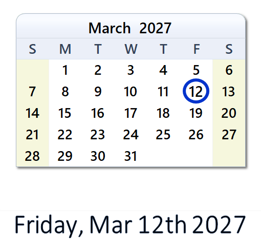March 12, 2027 Calendar with Holidays & Count Down - USA