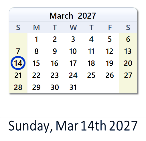 March 14, 2027 Calendar with Holidays & Count Down - USA