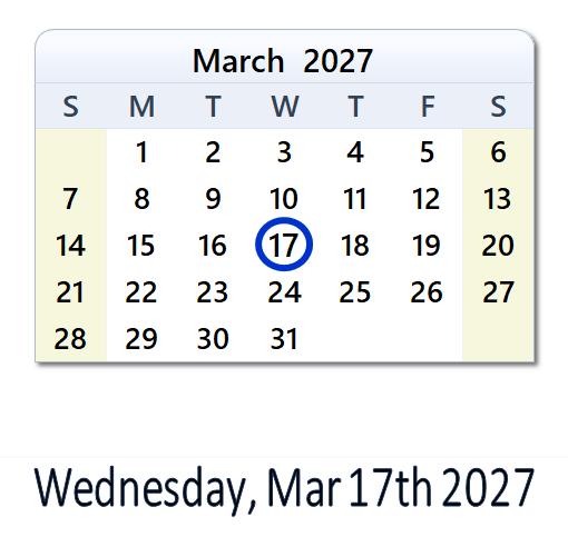 March 17, 2027 Calendar with Holidays & Count Down - USA