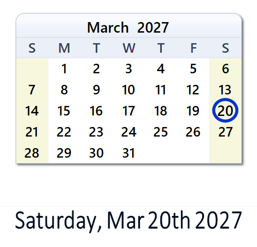 March 20, 2027 Calendar with Holidays & Count Down - USA