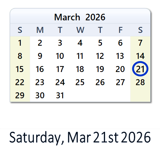 March 21 2026 Calendar With Holidays Count Down Usa