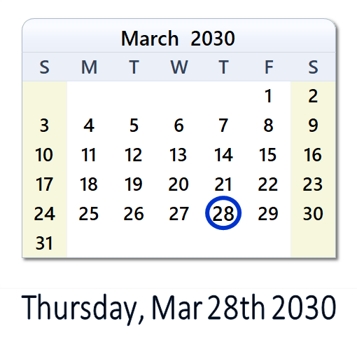 March 28, 2030 Calendar with Holidays and Count Down - CAN
