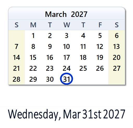 March 31, 2027 Calendar with Holidays & Count Down - USA