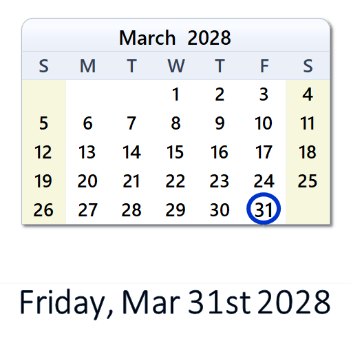March 31, 2028 Calendar with Holidays & Count Down - USA