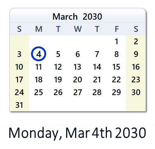 March 4, 2030 Calendar with Holidays and Count Down - CAN