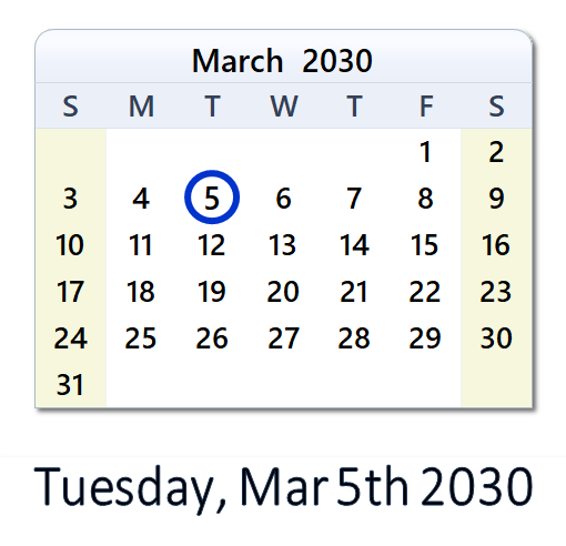 March 5, 2030 Calendar with Holidays and Count Down - CAN
