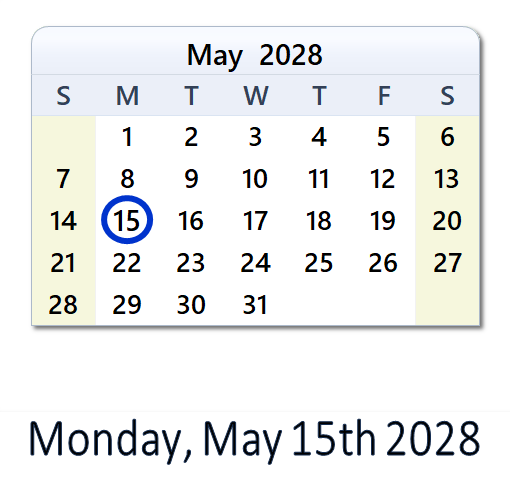 May 15, 2028 Calendar with Holidays & Count Down - USA