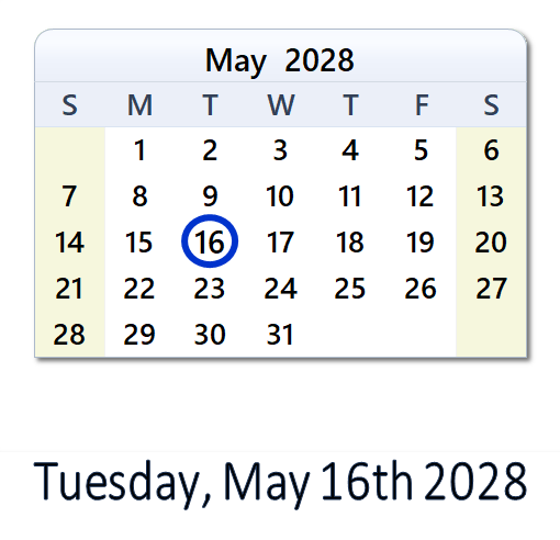 May 16, 2028 Calendar with Holidays & Count Down - USA