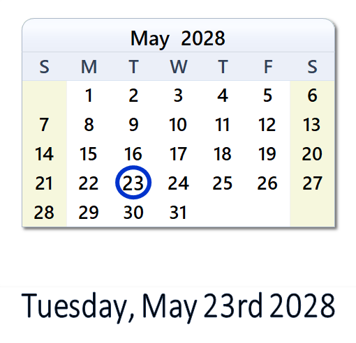 May 23, 2028 Calendar with Holidays & Count Down - USA