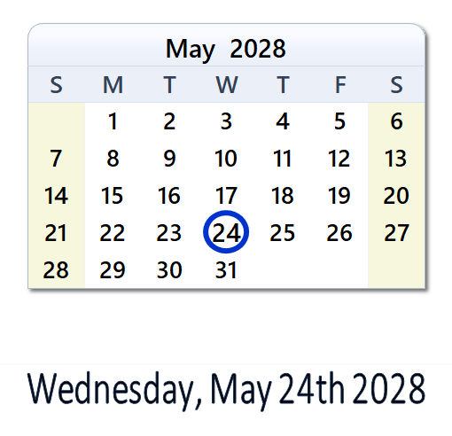 May 24, 2028 Calendar with Holidays and Count Down - CAN