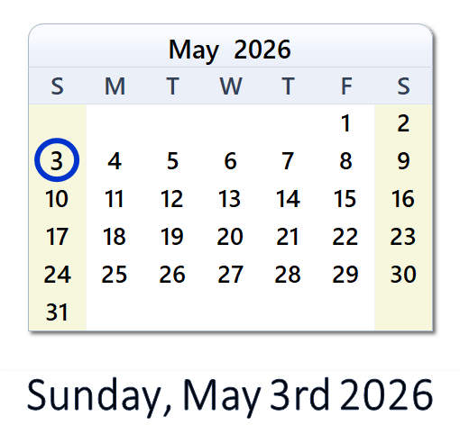 May 3, 2026 Calendar with Holidays & Count Down - USA