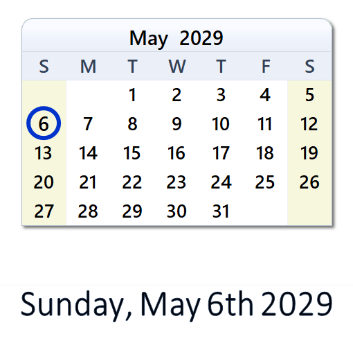 May 6, 2029 Calendar with Holidays and Count Down - CAN