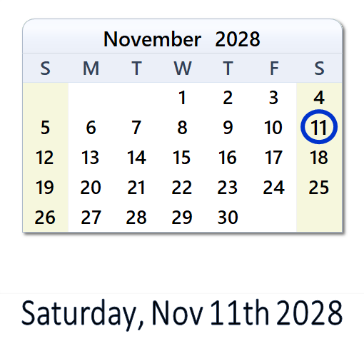 November 11, 2028 Calendar with Holidays and Count Down - CAN