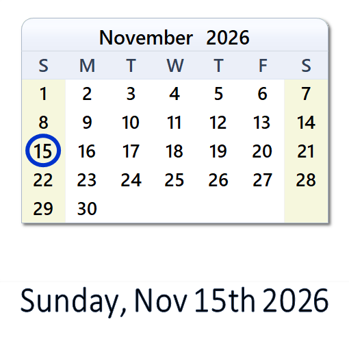 November 15, 2026 Calendar with Holidays & Count Down - USA