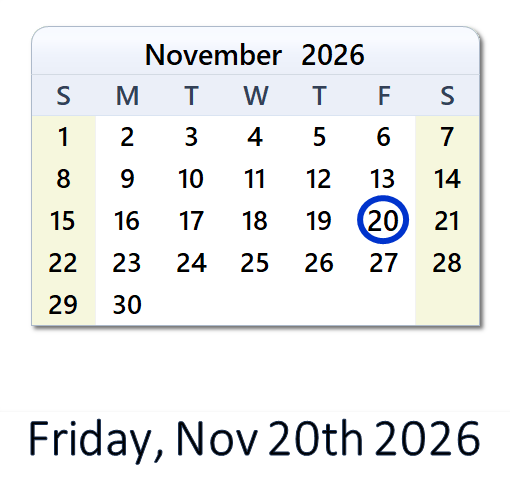 November 20, 2026 Calendar with Holidays & Count Down - USA