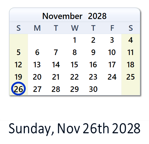 November 26, 2028 Calendar with Holidays and Count Down - CAN