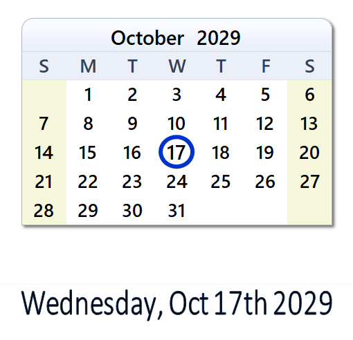 October 17, 2029 Calendar with Holidays and Count Down - CAN