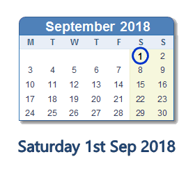 September 1, 2018 Calendar with Holiday info and Count Down - IND