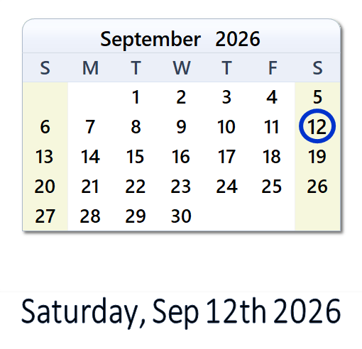 September 12, 2026 Calendar with Holidays & Count Down - USA
