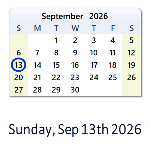 September 13, 2026 Calendar with Holidays & Count Down - USA