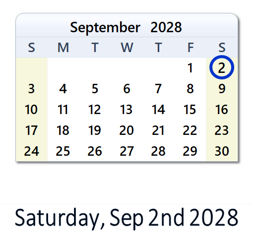 September 2, 2028 Calendar with Holidays & Count Down - USA