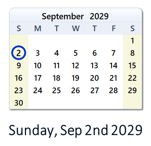 September 2, 2029 Calendar with Holidays and Count Down - CAN