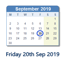 September 20, 2019 Calendar with Holiday info and Count Down - GBR