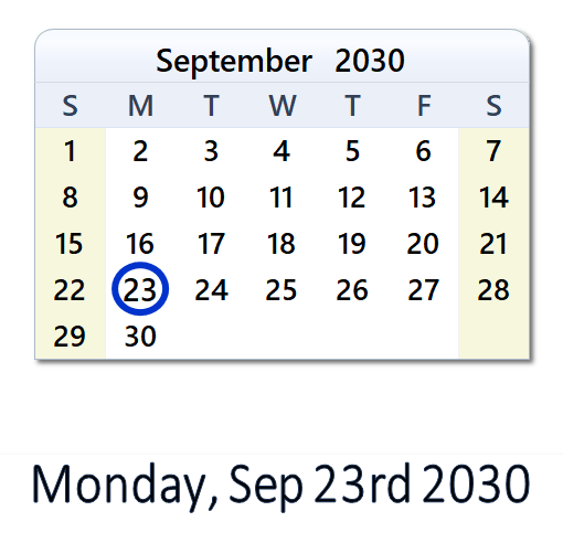 September 23, 2030 Calendar with Holidays & Count Down - USA