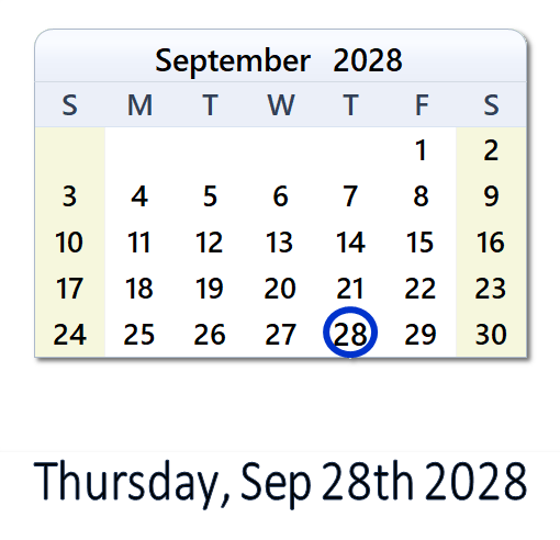 September 28, 2028 Calendar with Holidays & Count Down - USA