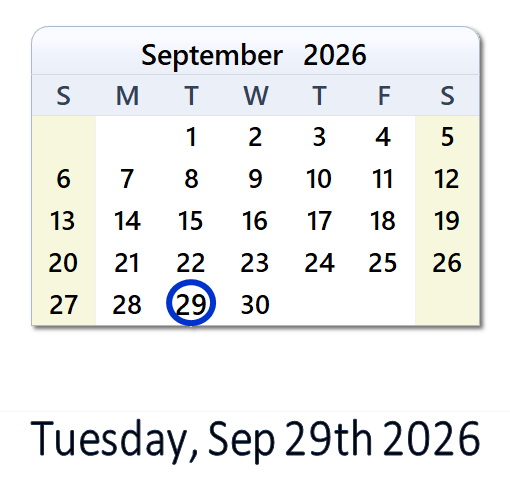 September 29, 2026 Calendar with Holidays & Count Down - USA