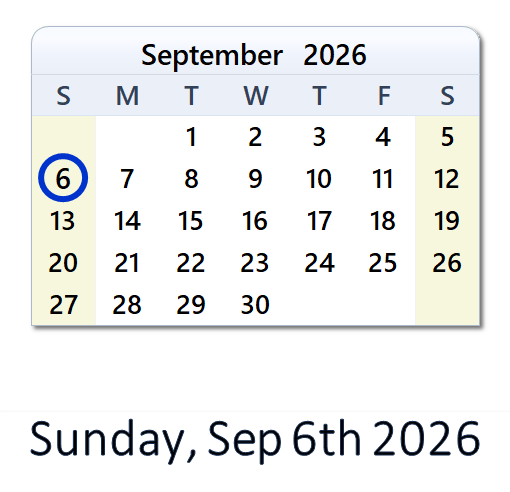 September 6, 2026 Calendar with Holidays & Count Down - USA